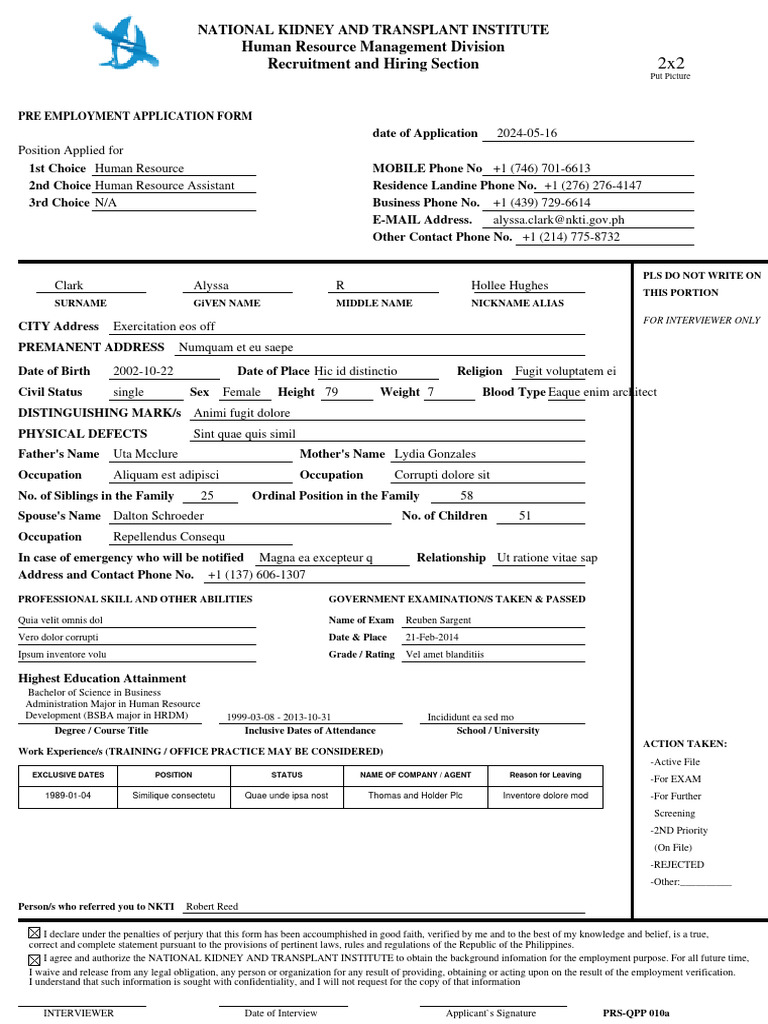 NKTI Pre-Employment Application Form | PDF | Background Check | Justice