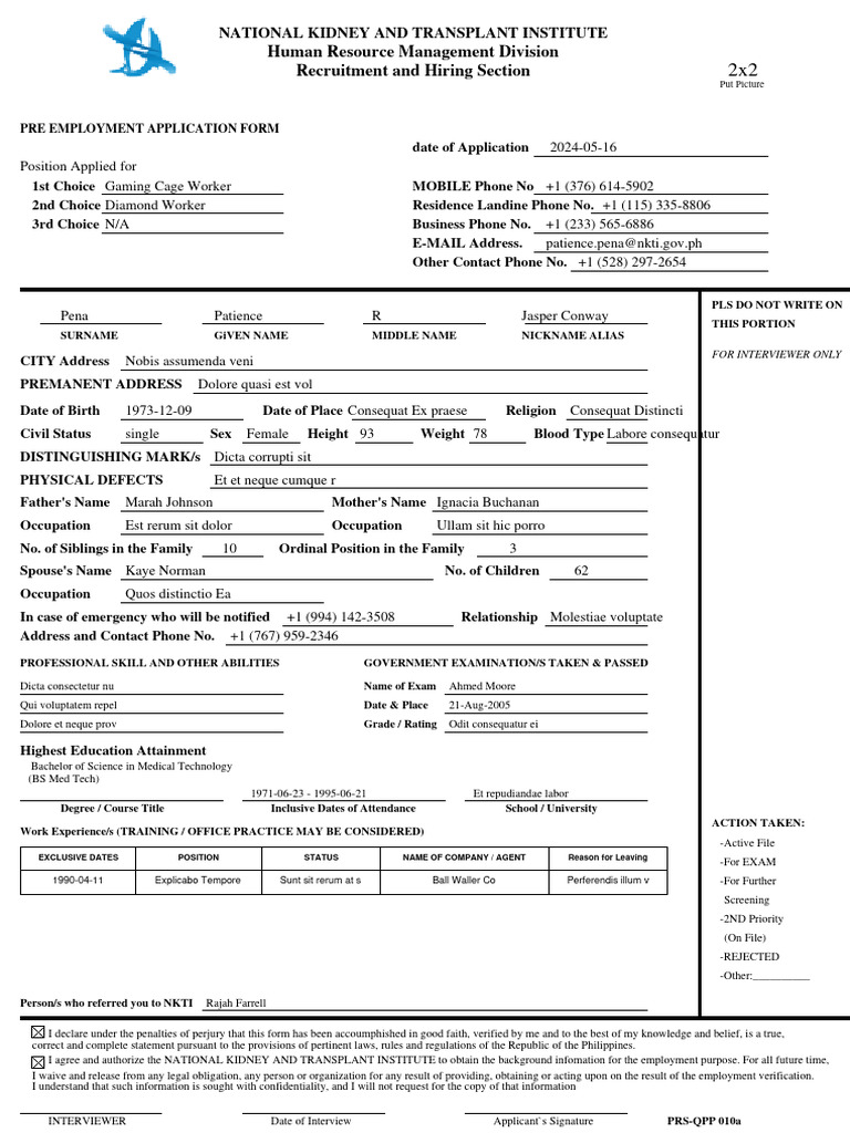 NKTI Pre-Employment Application Form | PDF | Background Check | Justice
