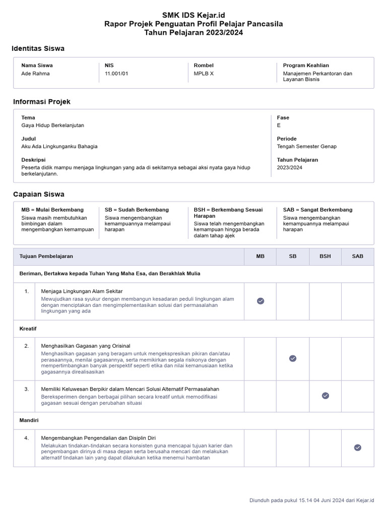 Rapor Projek Profil Tengah Semester Genap - Ade Rahma - 04 Juni 2024 | PDF