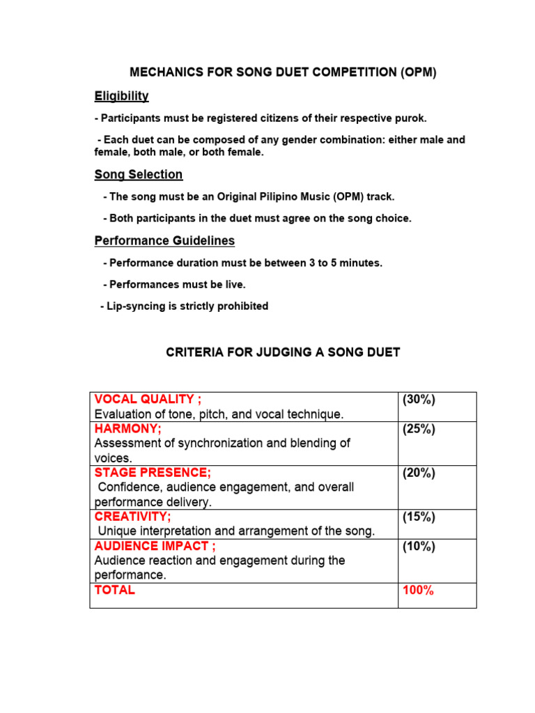 OPM Duet, Dance, and Drama Contest Rules | PDF | Dances | Performing Arts