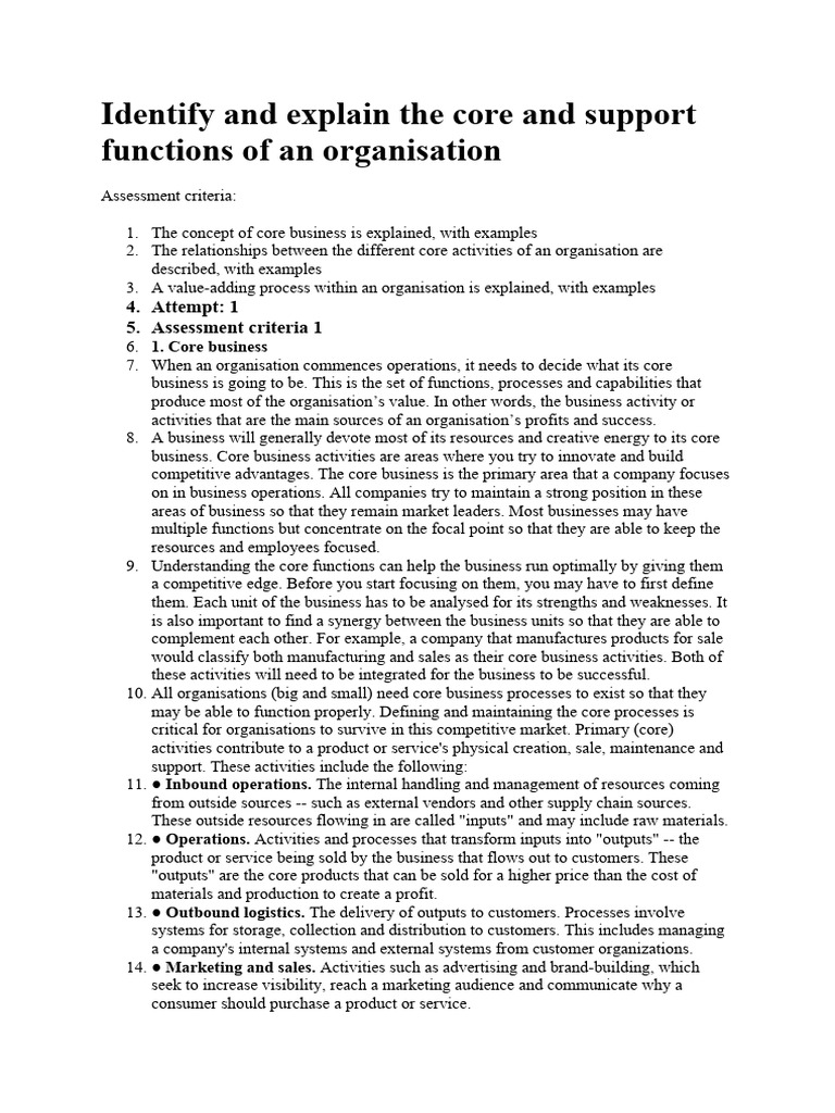 Identify and Explain The Core and Support Functions of An Organisation ...