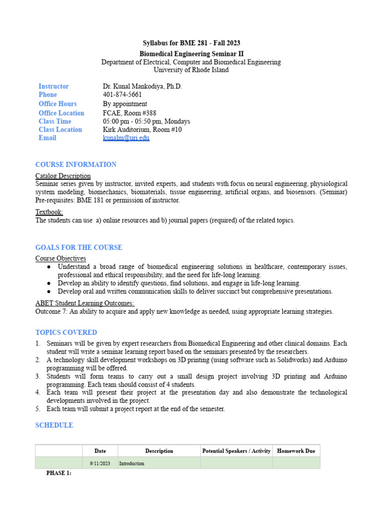 BME 281 Syllabus - Fall 2023 | PDF | Biomedical Engineering | Engineering
