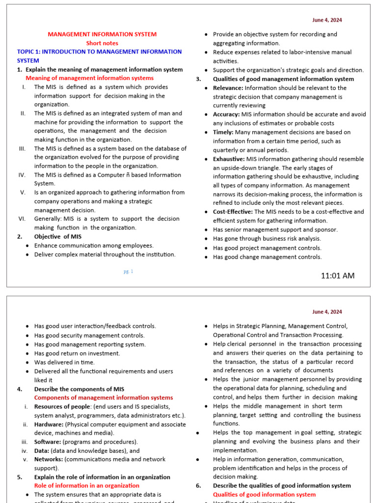 MIS Short Notes | Download Free PDF | Information System | Project ...