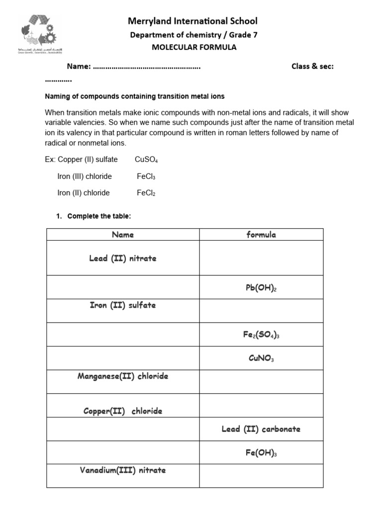 Chemical Formula Work Sheet 3 | PDF