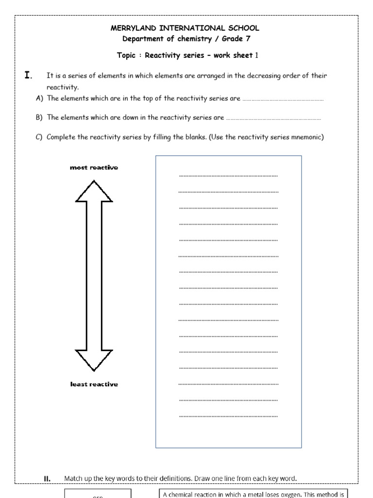 Reactivity Series Worksheet for Grade 7 | PDF | Corrosion | Rust