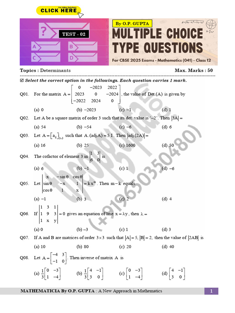 2 MCQ - Determinants | PDF | Determinant | Matrix (Mathematics)