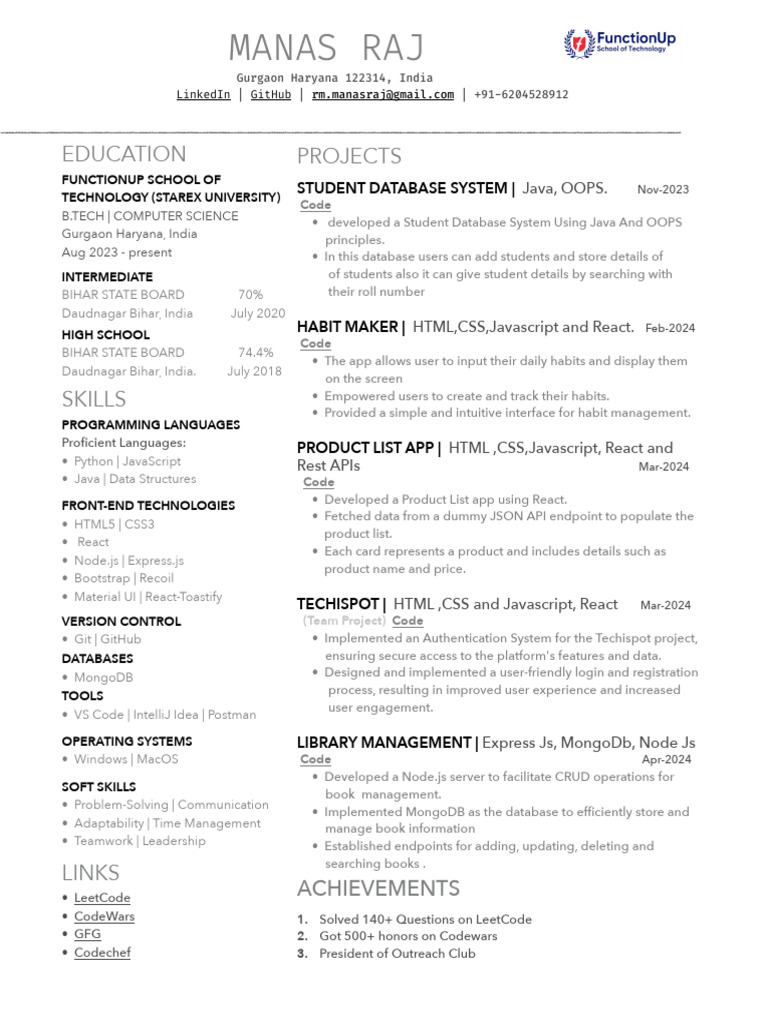 Manas Raj - Resume | PDF | Mobile App | Java Script