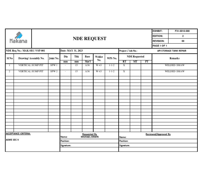 F31-0010-000 Nde Request | PDF