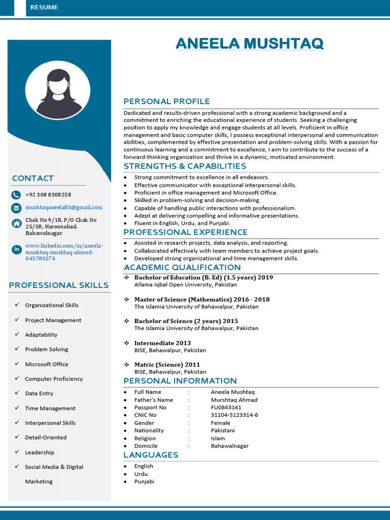 Aneela Mushtaq Resume | Download Free PDF | Pakistan | Cognition
