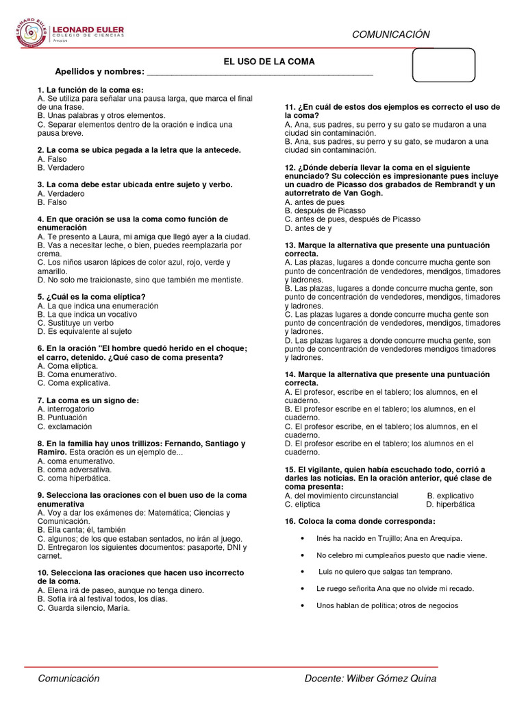 Imprimir - Práctica Calificada - Uso de La Coma | PDF | Puntuación ...