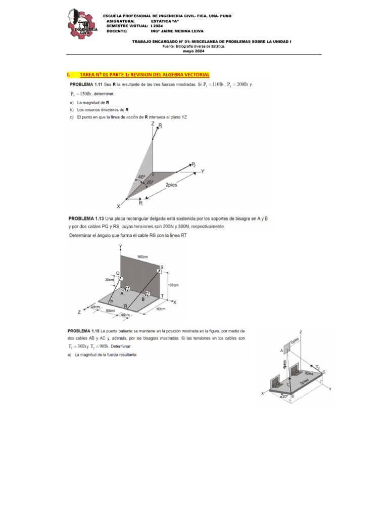 Tarea_01_problemas_Unidad_I_Estatica_sem_I_2024 | PDF | Mecánica | Ciencias fisicas