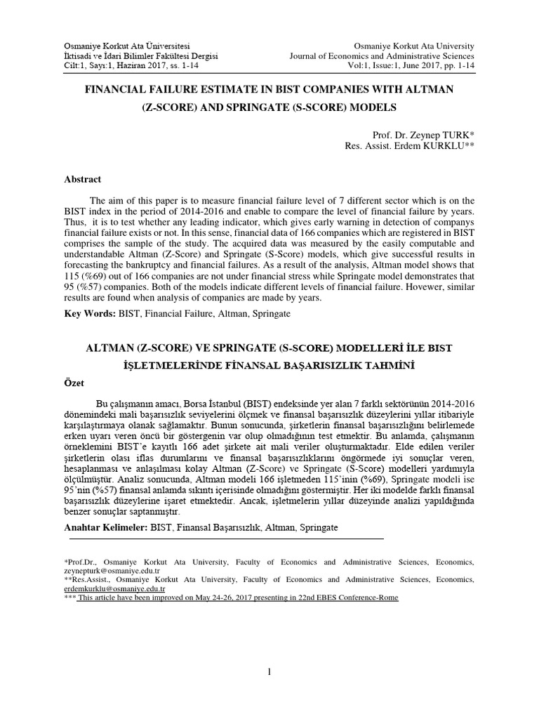 Financial Failure Estimate in Bist Companies With Altman (Z-Score) and ...