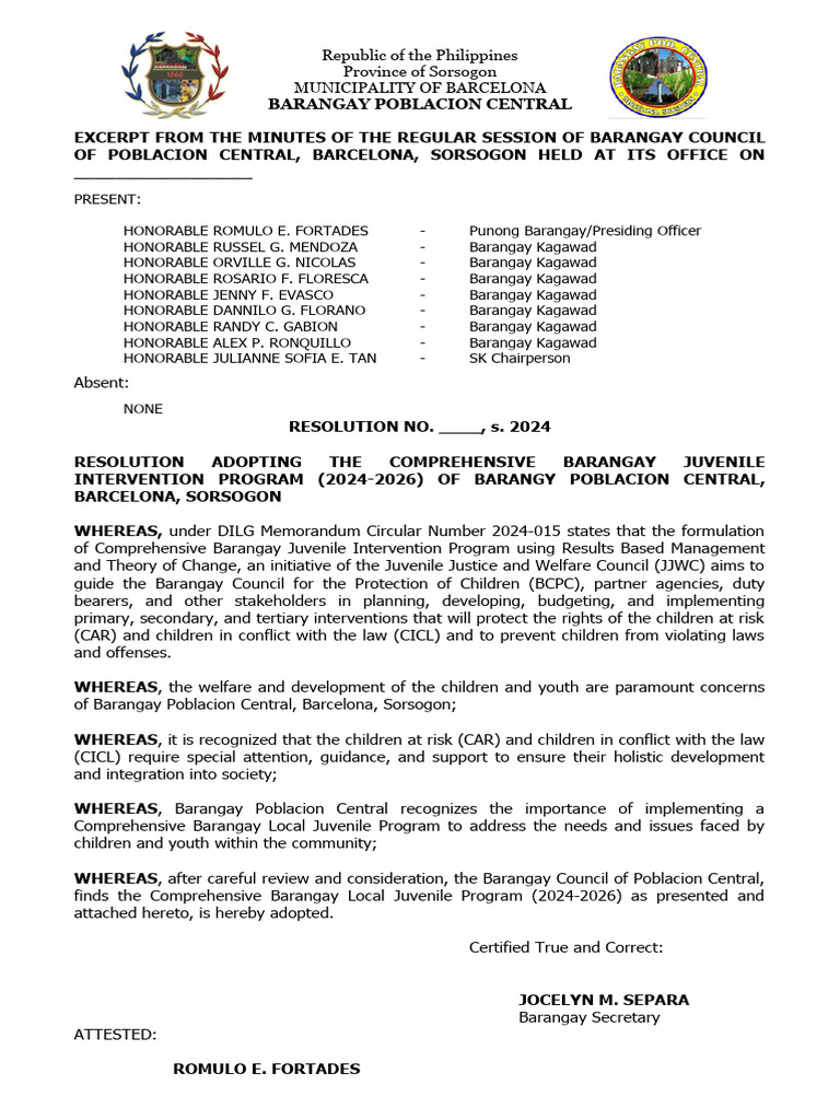Barangay Poblacion Central Juvenile Program | PDF | Justice | Crime ...