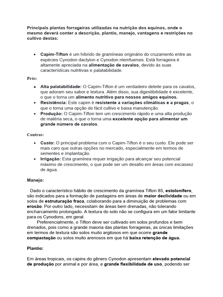 Plantas Forrageiras para Equinos: Guia Completo | PDF | Agricultura ...