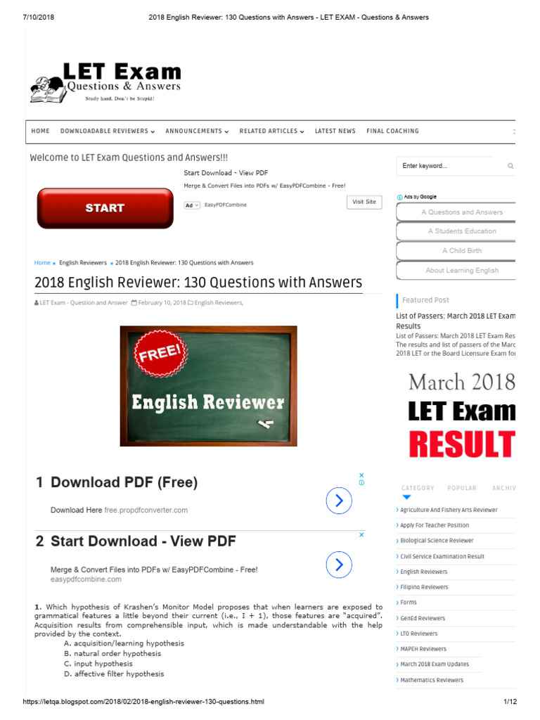 2018 English Reviewer - 130 Questions With Answers - LET EXAM ...