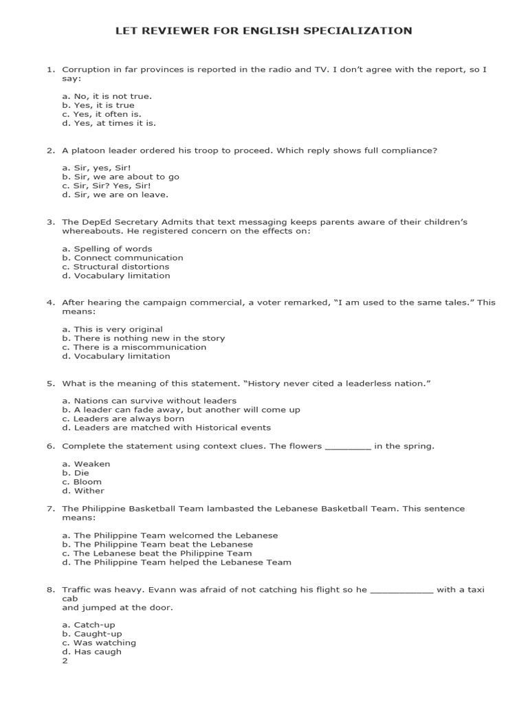 LET-REVIEWER-ENGLISH-Specialization | PDF | Grammatical Tense | Subject ...