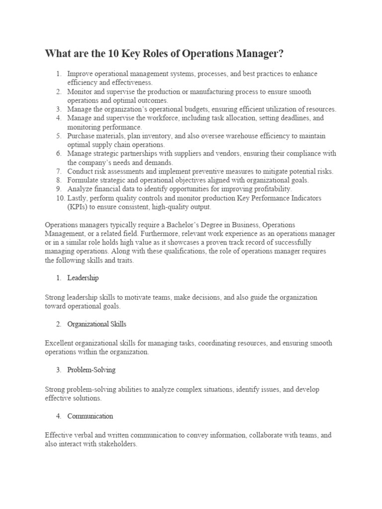 What Are The 10 Key Roles of Operations Manager | PDF | Leadership | Performance Indicator