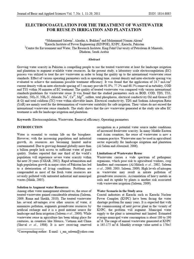 Electrocoagulation for Wastewater Reuse | PDF | Ph | Sewage