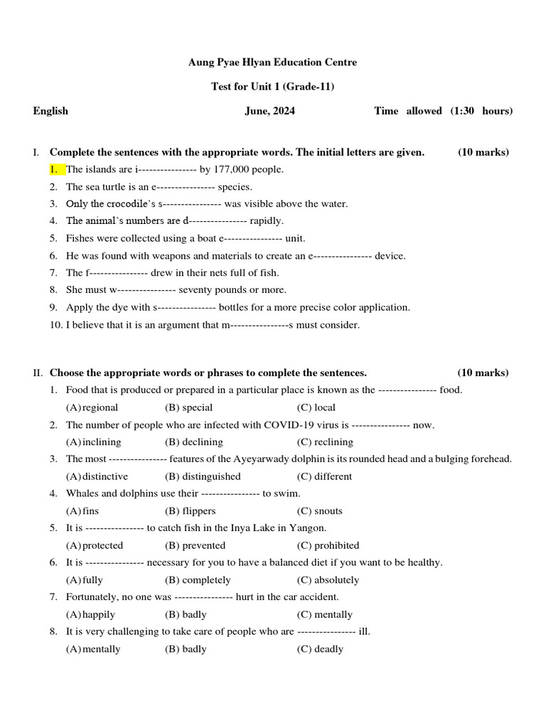 Grade 11 English Unit 1 Test Answers | PDF