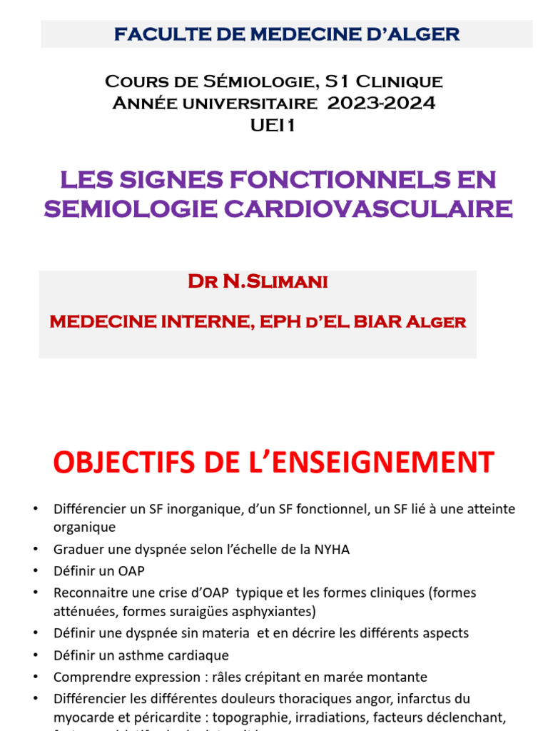 NSlimani Signes Fonctionnels Cardio Vasculaires Lagouat Semiologie ...