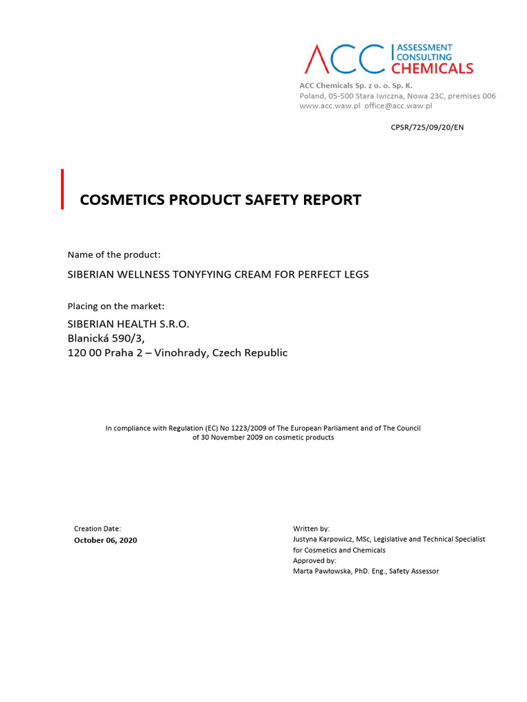 Cosmetics Product Safety Report: Siberian Wellness Tonyfying Cream For ...