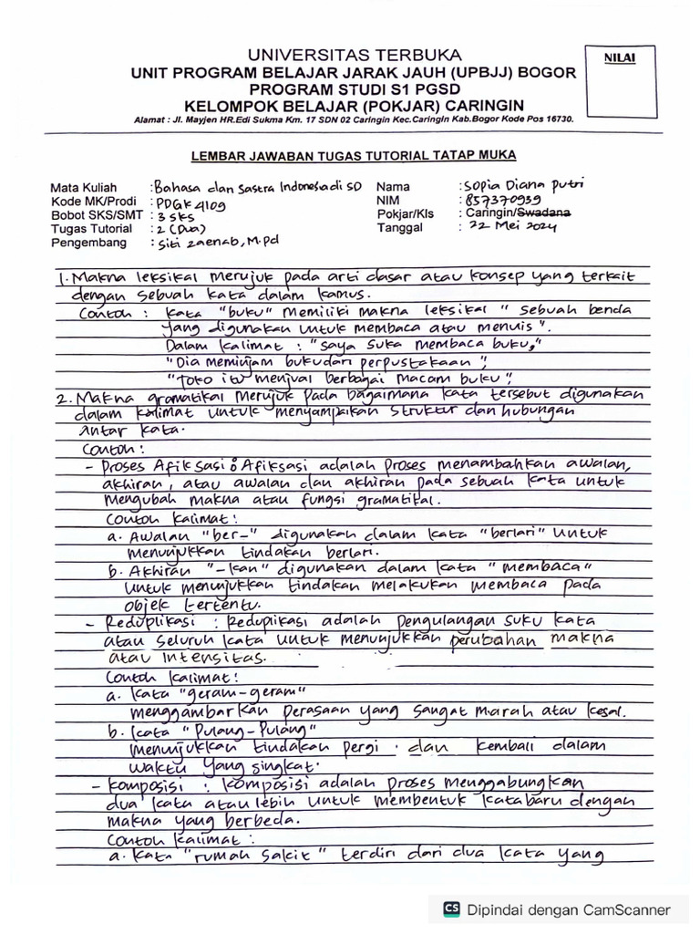 Tugas 2 Bahasa Dan Sastra Indonesia Di SD - Sopia Diana Putri | PDF