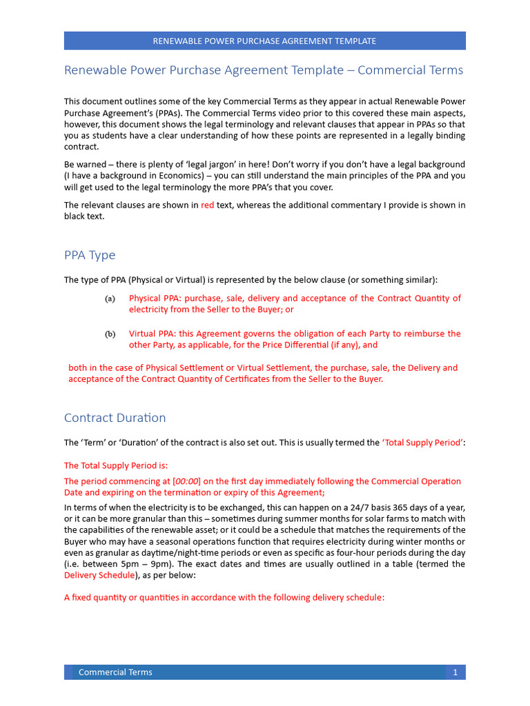 Power Purchase Agreement Template - Commercial Terms | PDF | Economies ...
