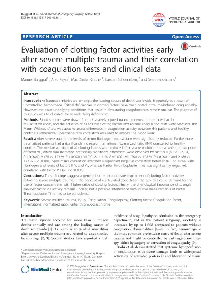 Evaluation of Clotting Factor Activities Early After Severe Multiple ...