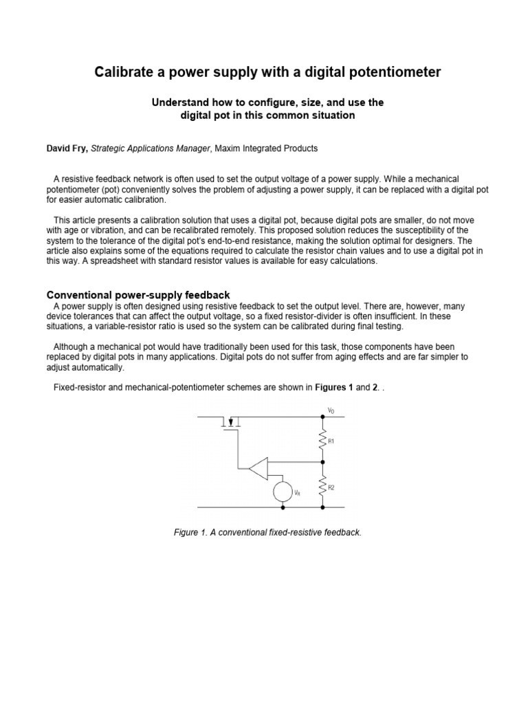Calibrate a power supply with a digital potentiometer | PDF | Resistor | Power Supply