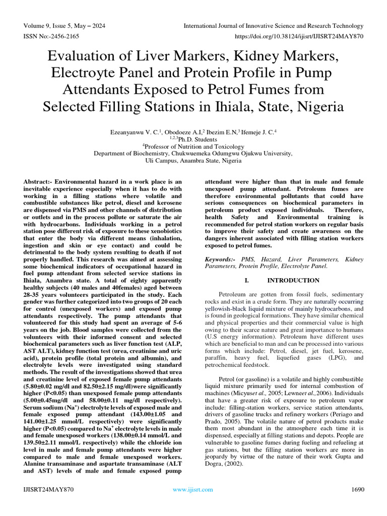 Evaluation of Liver Markers, Kidney Markers, Electroyte Panel and ... Evaluation of Liver Markers, Kidney Markers, Electroyte Panel and ...