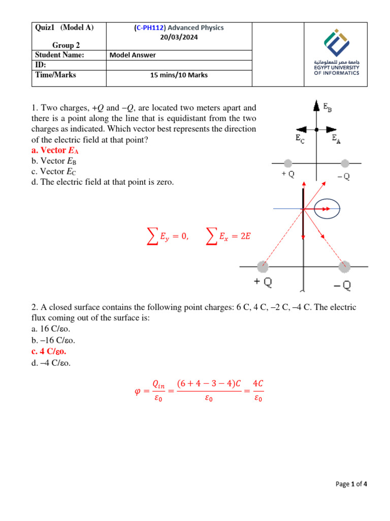 Electric Field, Force, Flux, Gauss Law QUIZ 2 MS | PDF | Electric Field ...
