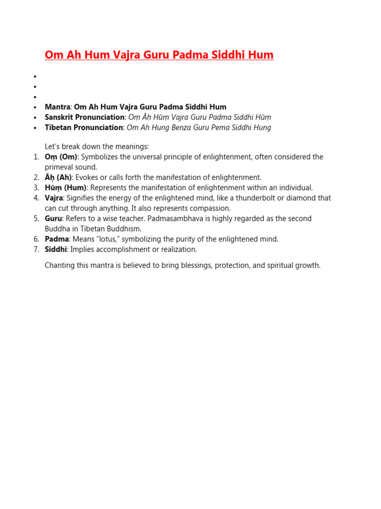 Om Ah Hum Vajra Guru Padma Siddhi Hum | PDF