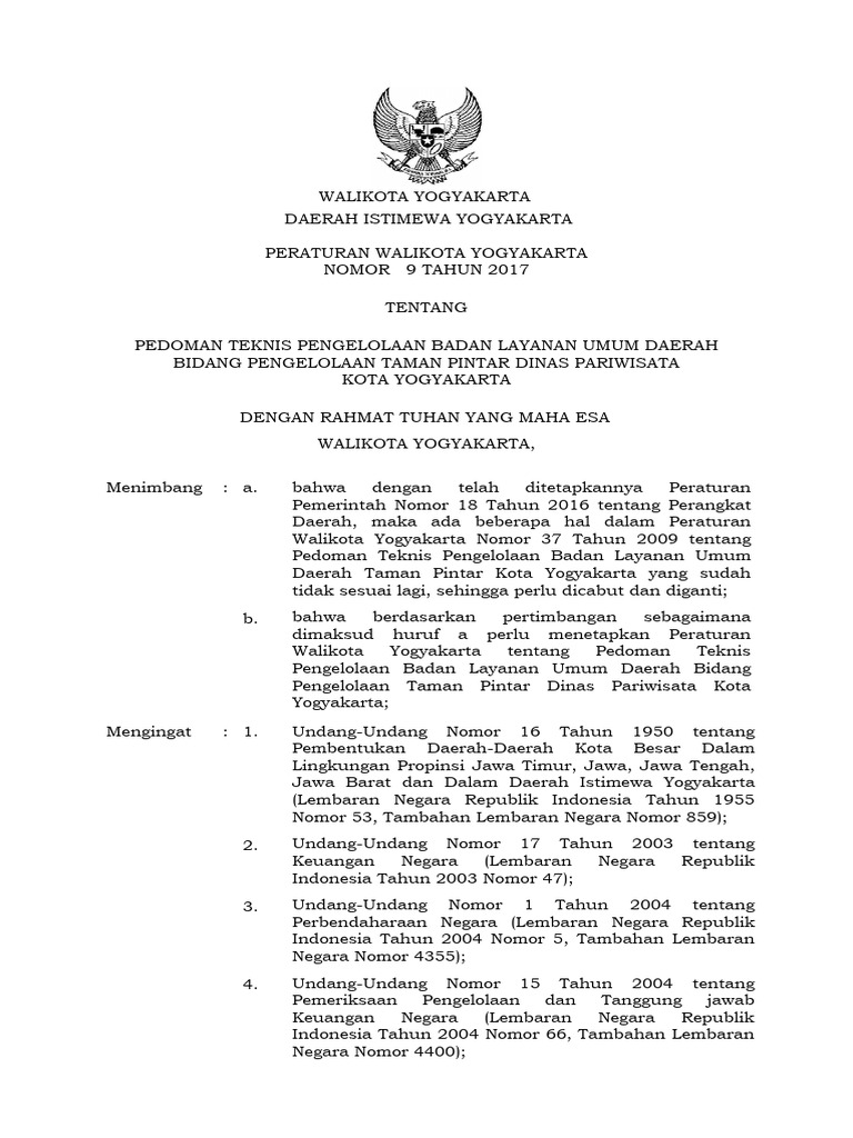 Perwal Yogyakarta No. 9 Tahun 2017 TTG Pedoman Teknis Pengelolaan Badan ...