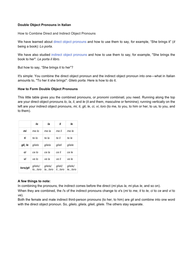Double Object Pronouns in Italian | PDF | Noun | Grammatical Number