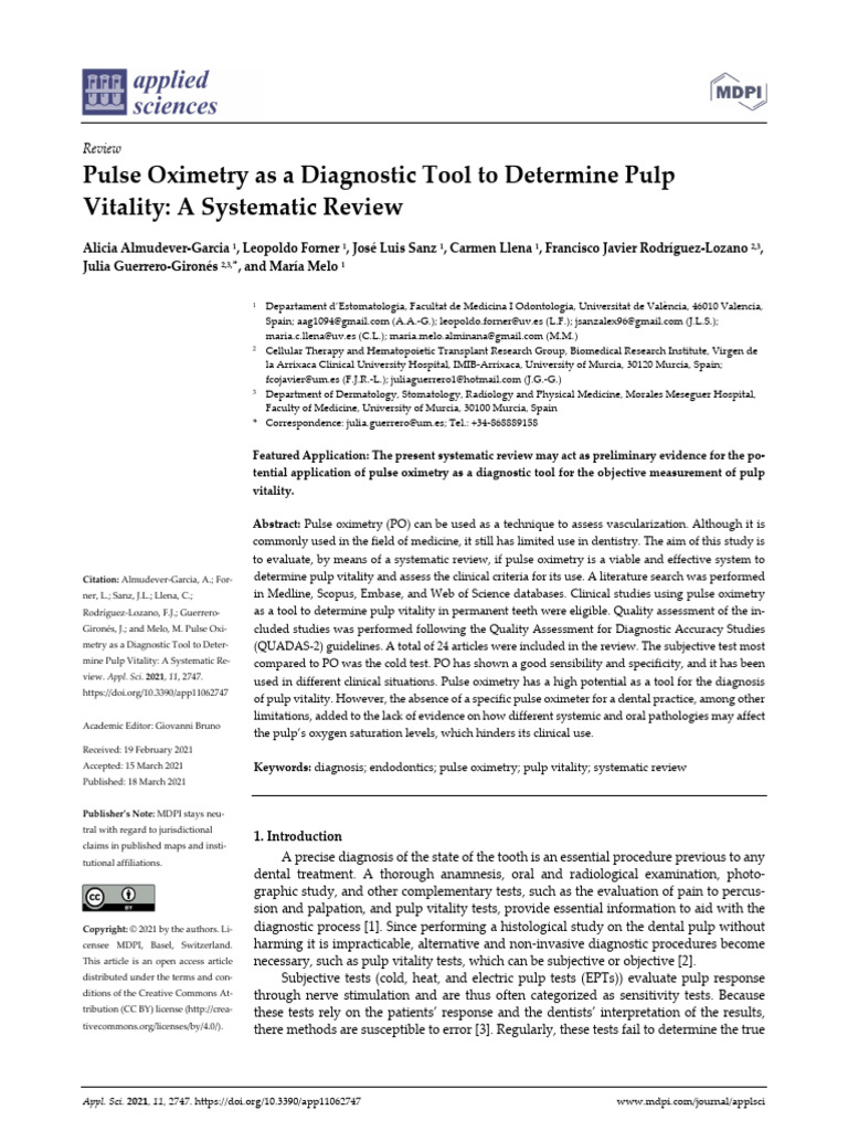 Pulse Oximetry As A Diagnostic Tool To Determine Pulp Vitality. A Systematic Review - 2021 | PDF ...