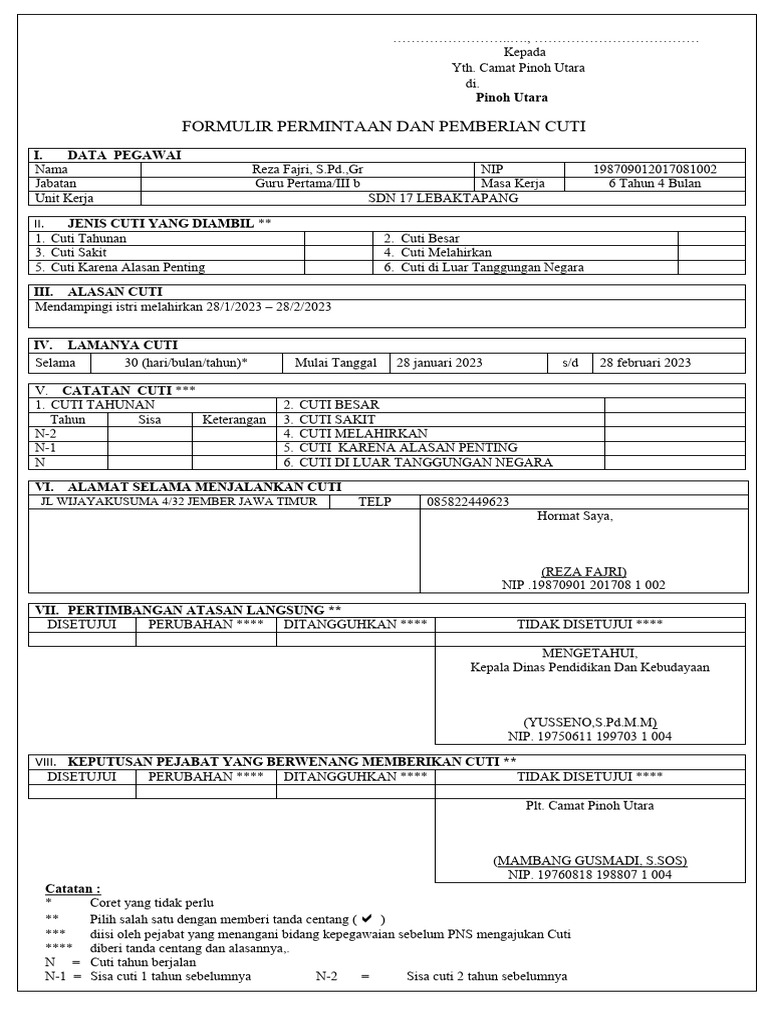 Form Ajuan Cuti PNS ( FORMULIR PERMINTAAN DAN PEMBERIAN CUTI PNS ) | PDF