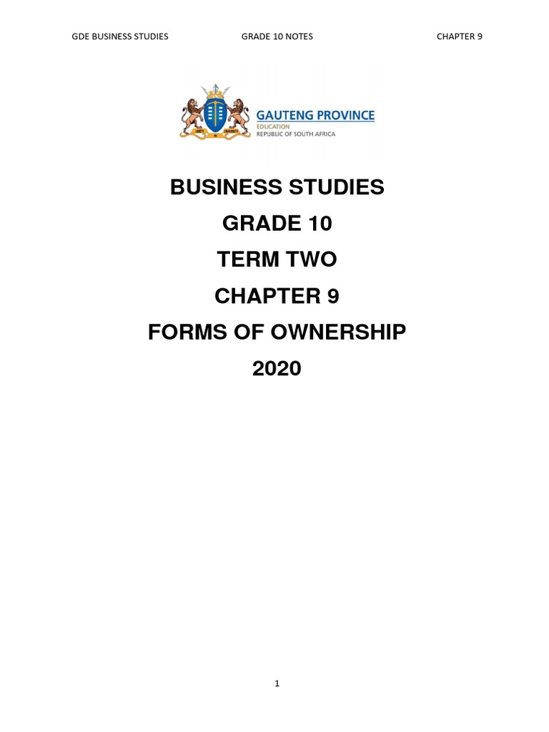 2020 Business Studies Grade 10 Notes Term 2 Chapter Nine | PDF ...
