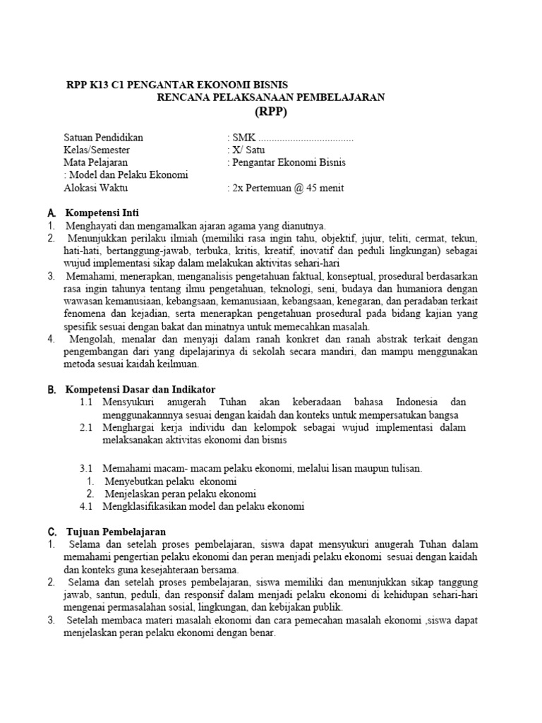 RPP k13 c1 Pengantar Ekonomi Bisnis | PDF | Karier & Perkembangan