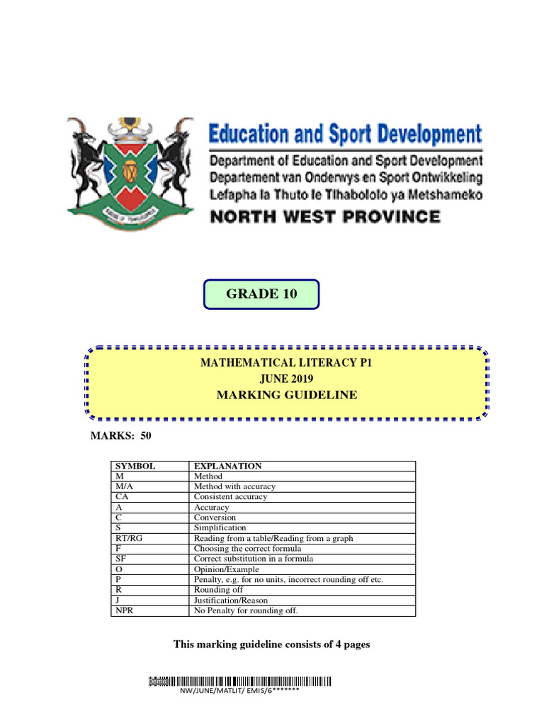 Mathematical Literacy GR 10 MEMO Paper 1 | PDF | Mathematics