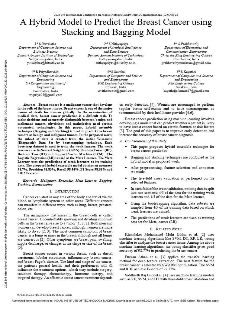 A Hybrid Model To Predict The Breast Cancer Using Stacking And Bagging Model Pdf Categorical