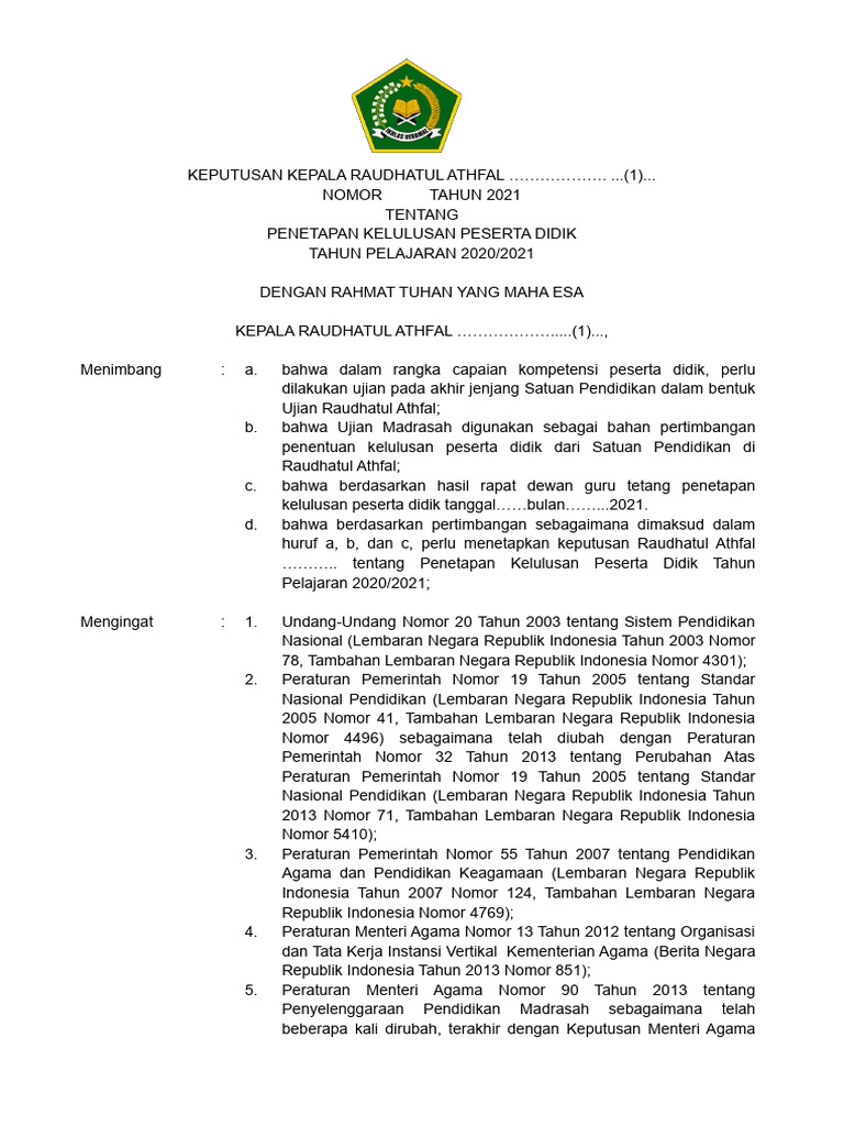 Penetapan Kelulusan Raudhatul Athfal 2021 | PDF