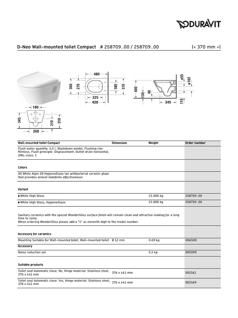 D-Neo Wall-Mounted Toilet Compact # 258709..00 / 258709..00 | PDF | Drywall | Toilet