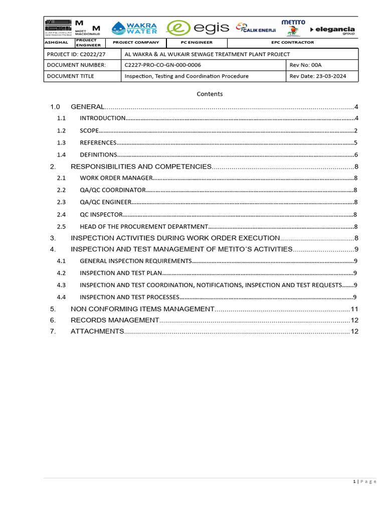 Inspection & Testing Procedure for Sewage Plant | PDF | Quality ...