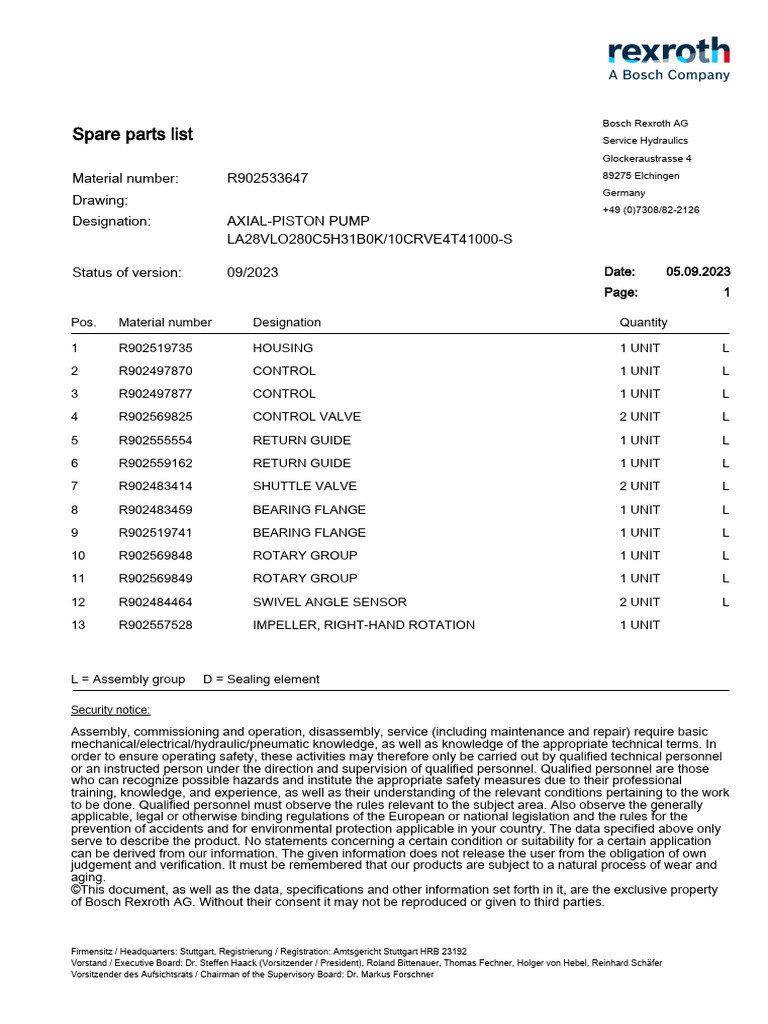 Spare Parts List: R902533647 Drawing: Material Number | PDF | Safety ...
