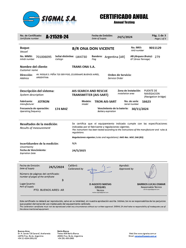Certificado Anual AIS-SART 2024 | PDF
