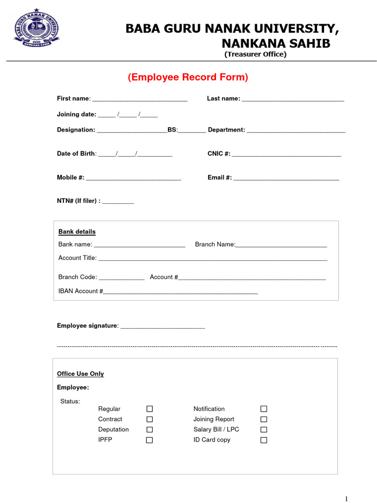 Employee Record Form for BABA GURU NANAK UNIVERSITY | PDF | Career ...