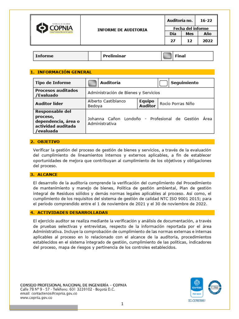 Informe Final de Auditoria 16-22 Administracion de Bienes y Servicios F | PDF | Auditoría ...