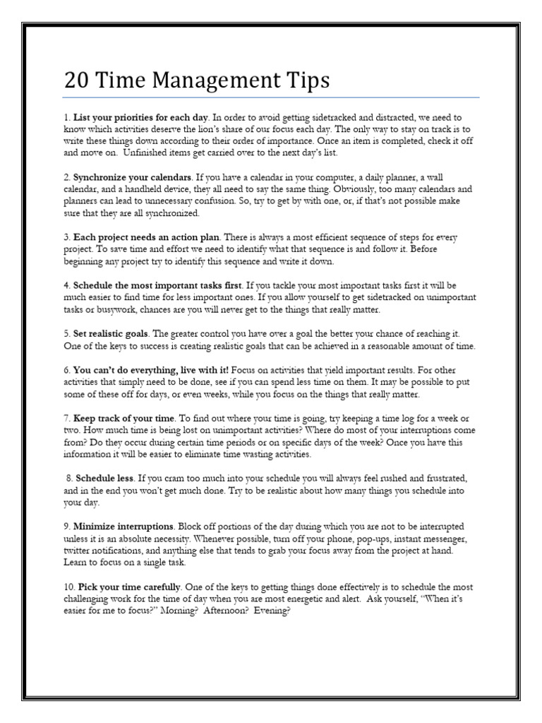 20 Time Management Tips | Download Free PDF | Time Management ...
