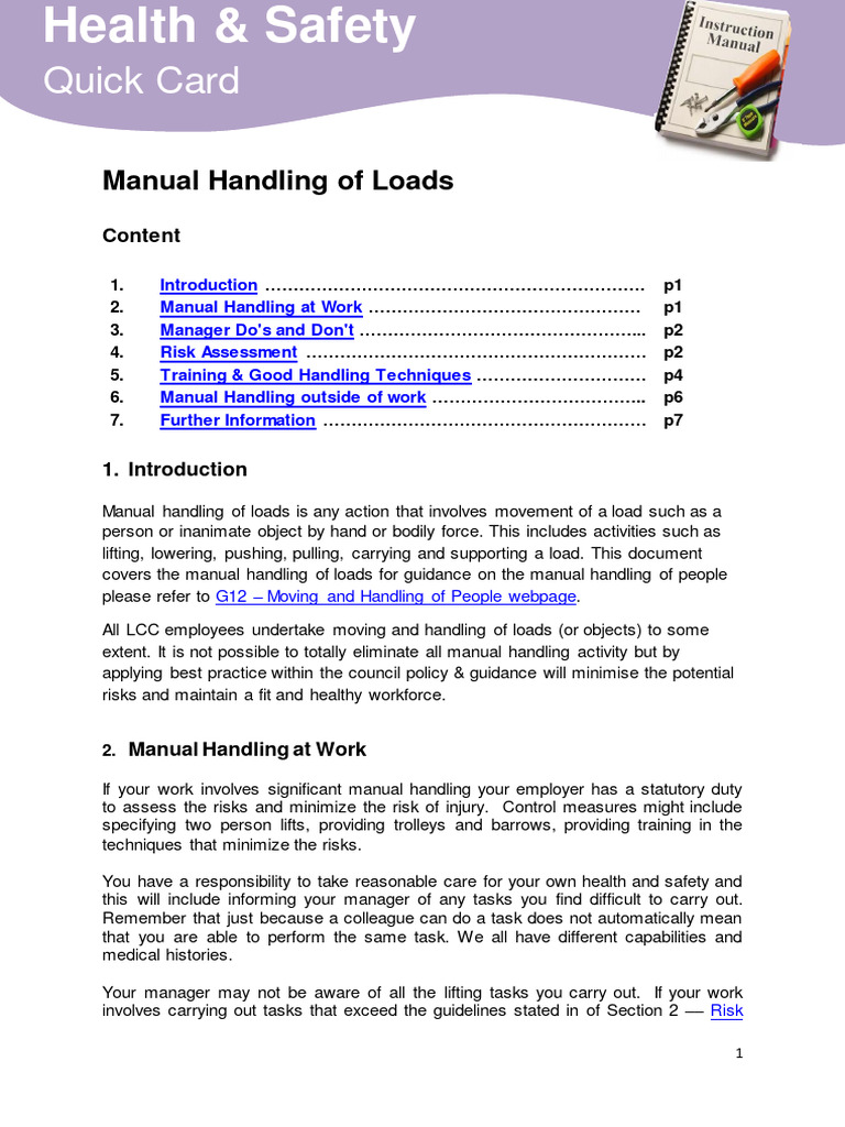 Manual Handling of Loads Quick Card V1 | PDF | Risk