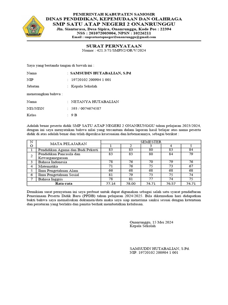 Surat Pernyataan Kepala Sekolah Jalur Prestasi Nilai Rapor | PDF Surat Pernyataan Kepala Sekolah Jalur Prestasi Nilai Rapor | PDF